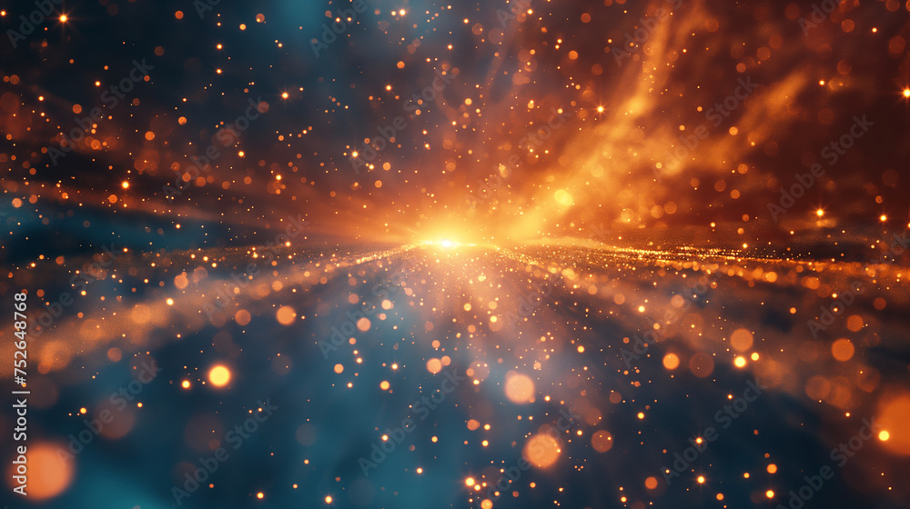 Abstract bright incident rays background as flying particles, 3d ...