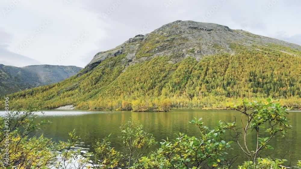 Golden autumn in the Arctic mountains beyond the Arctic Circle. View of ...