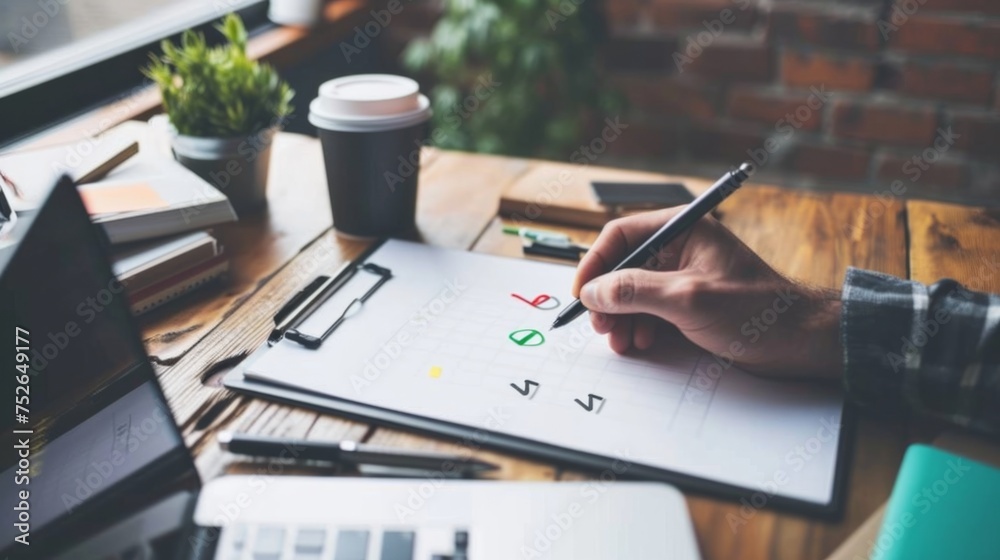 Hand placing a check mark next to goals met on a whiteboard generative ...