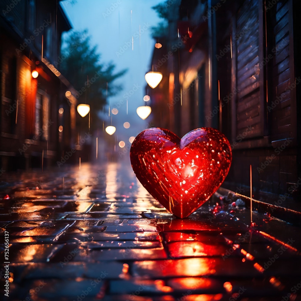 Heart in the night city heart sit on the path street art vector ...