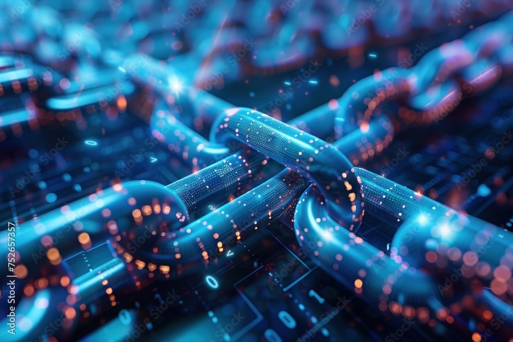 Digital blockchain concept with glowing blue chains and encrypted data, representing security ...