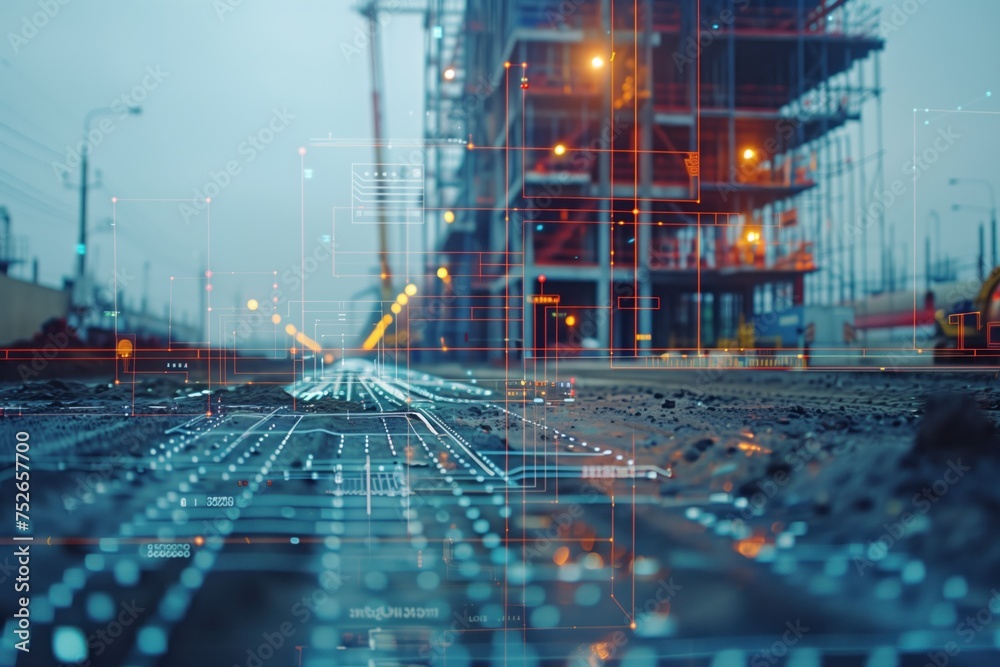 Urban construction site overlaid with a futuristic digital interface ...