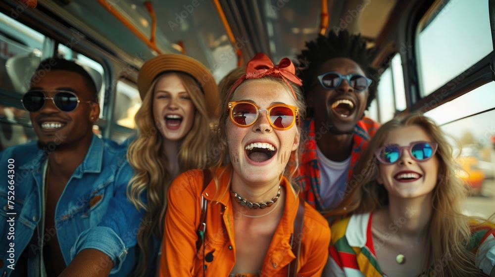 Joyful ride: fun students on a school bus, sharing laughter and ...