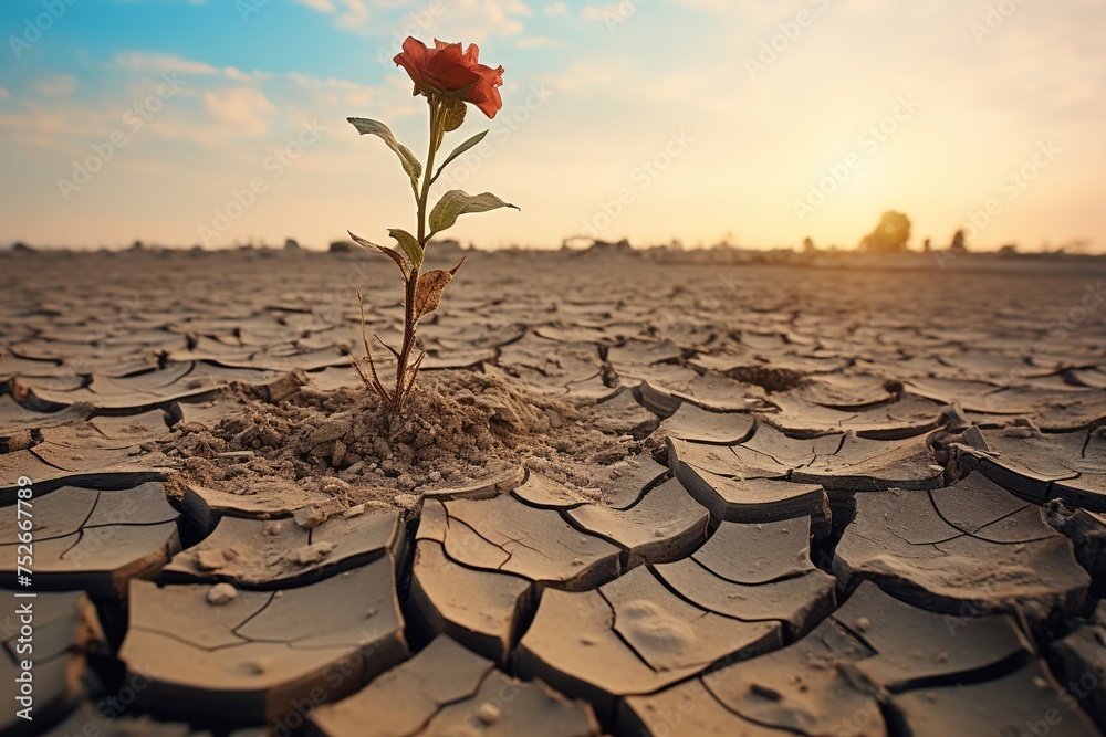 Withered flowers and a field of wheat on dry cracked earth are a ...