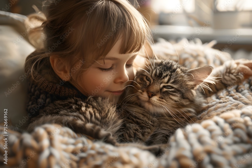 Little Girl and Cat Cuddling on Blanket, To convey a message of warmth ...