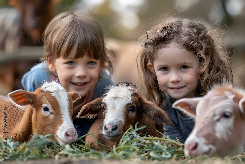 Two Children Playing with Cattle on a Farm, To show the joy and ...