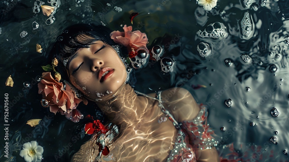 The image features a person floating in water, their face partially ...