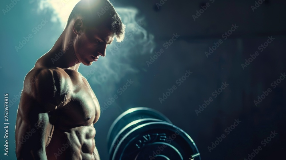 Muscular man lifting weights in a smokey gym - A powerful male figure ...