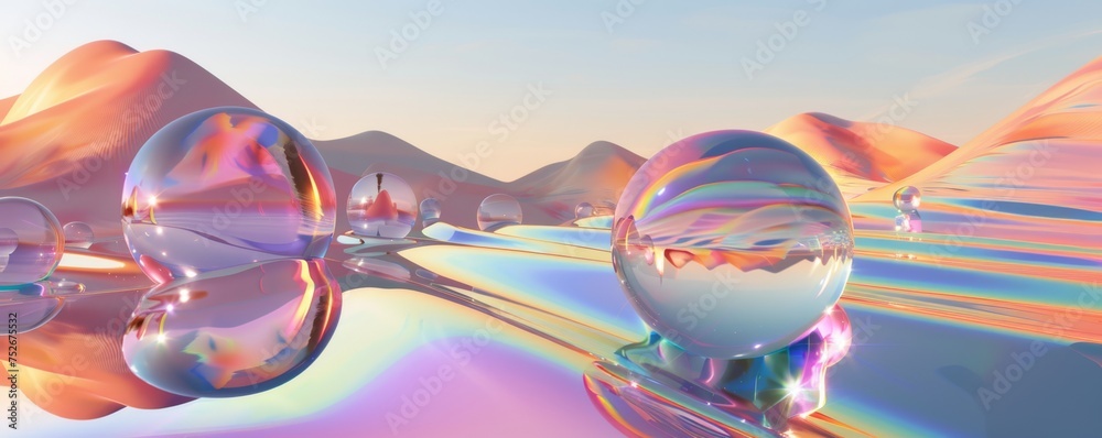 Aerial perspective of spheres casting rainbow shadows on bubbles ...