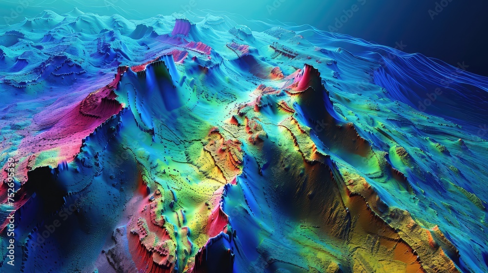 hydrographic terrain map of the ocean floor, red, yellow, green, blue ...