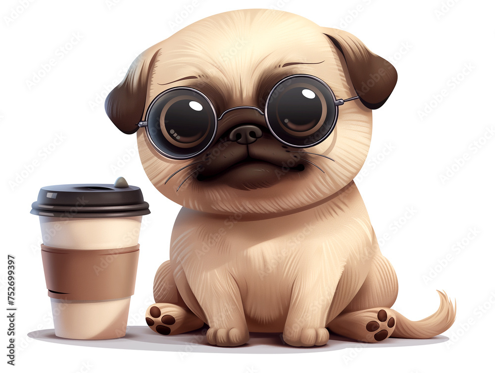 Cute dog drink with coffee cup cartoon on white background Stock ...