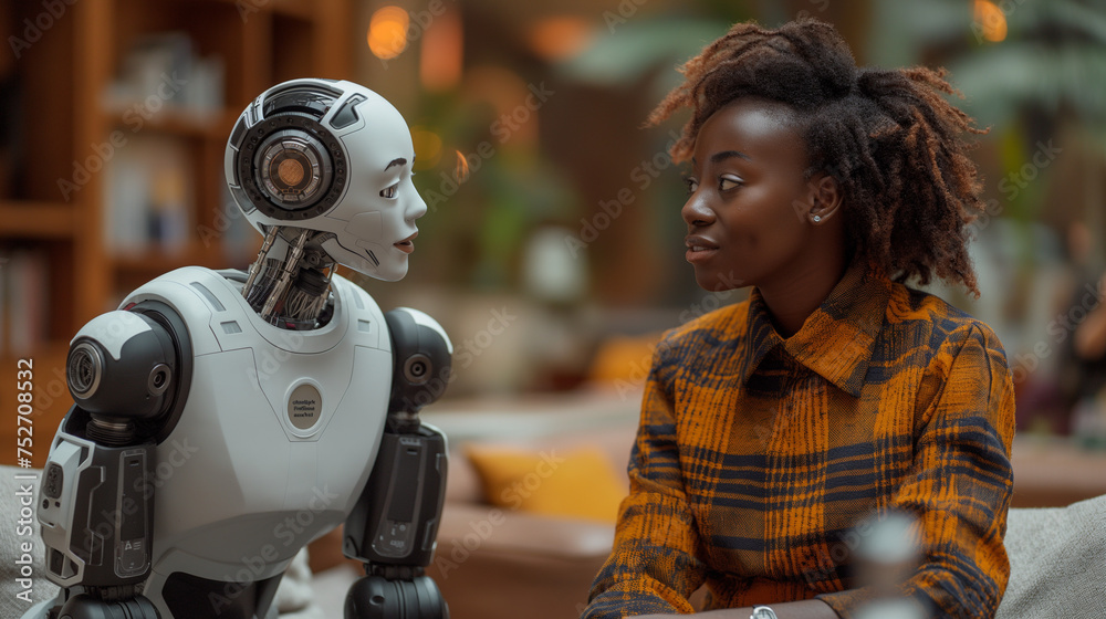 Beautiful african woman conversing with AI robot, Robot giving therapy ...