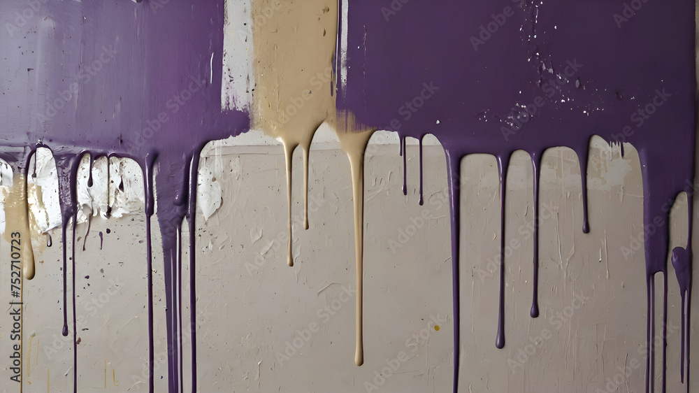 Messy paint strokes and smudges on an old painted wall. Purple, beige ...