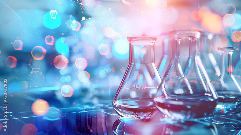 Futuristic Laboratory Glassware with Colorful Bokeh . An array of glass laboratory equipment ...