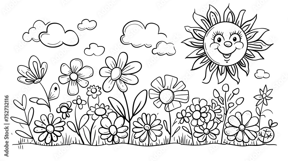cute coloring page with simple garden flowers and a cartoon sun for ...