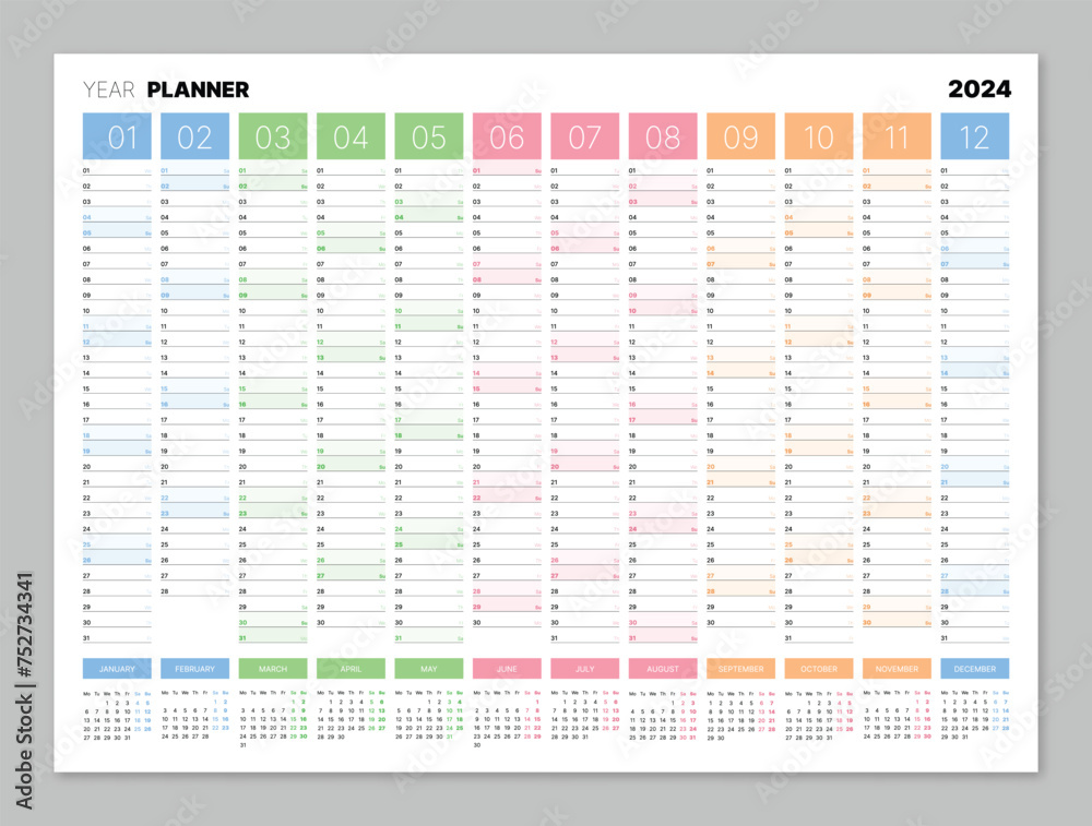 2025 year calendar, blank colorful annual wall planner for daily agenda ...