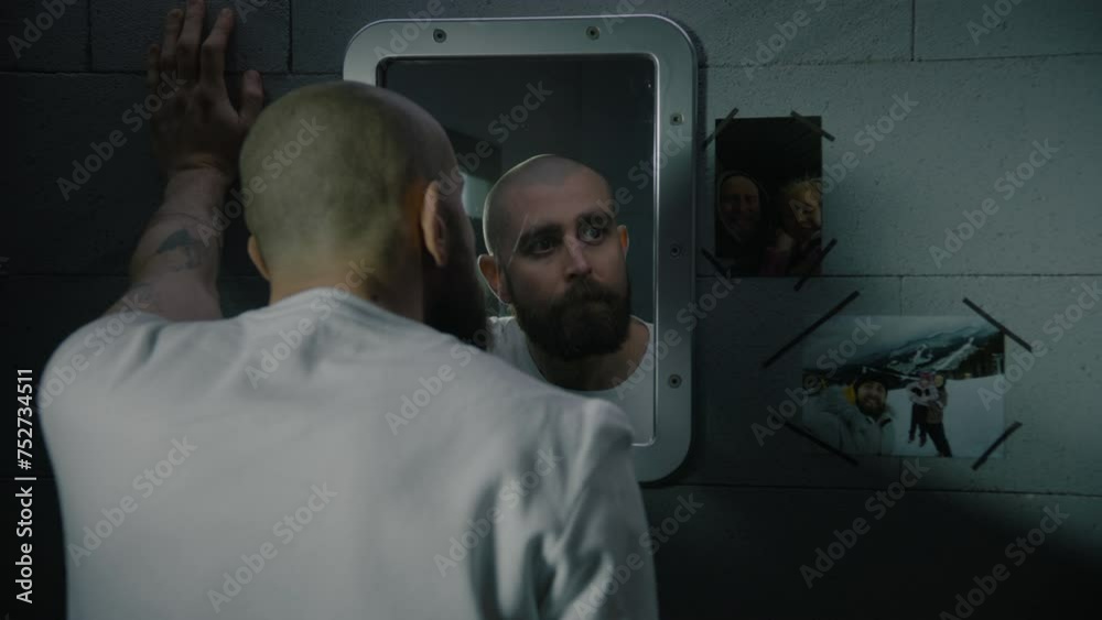 Depressed male prisoner stands in prison cell, looks at the pictures ...