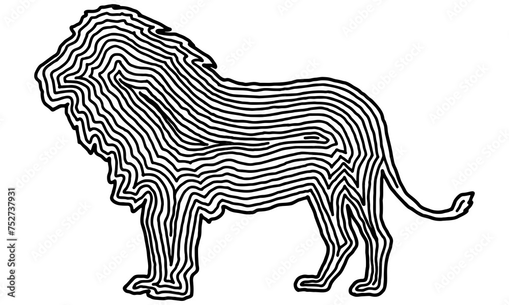 A series of animals in hand drawn fingerprint style. A lion in black ...