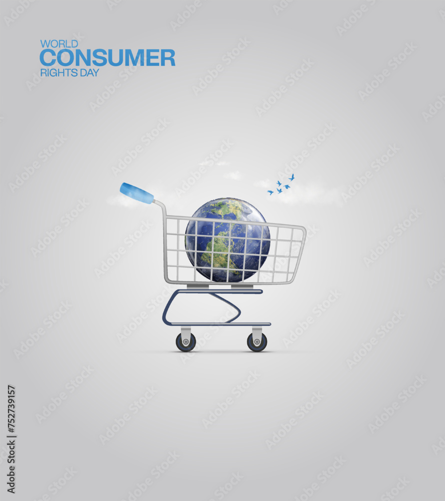 World Consumer Rights Day, shopping cart whit world bap and flying bird ...