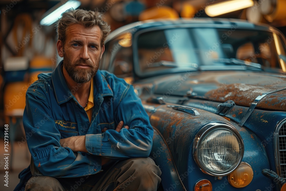 The mechanic, with a passion for classic cars, meticulously restores a ...