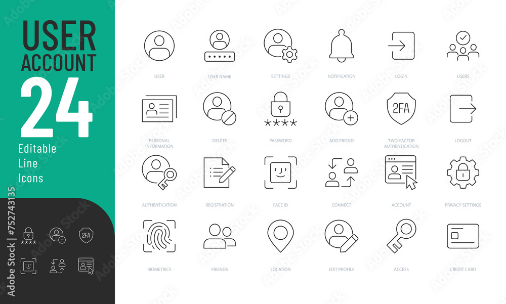 User Account Line Editable Icons set. Vector illustration in modern ...