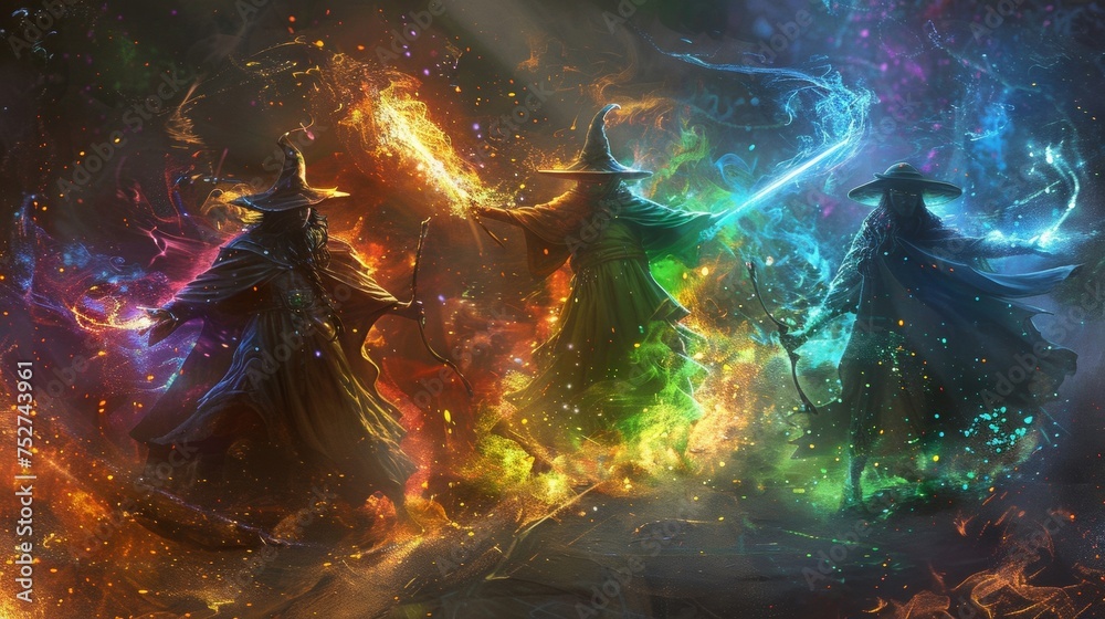 A trio of magical witches with billowing robes and glowing staves ...