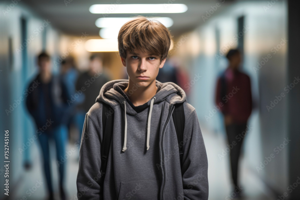 solitary teenage boy stands in a school hallway, his eyes downcast, his ...