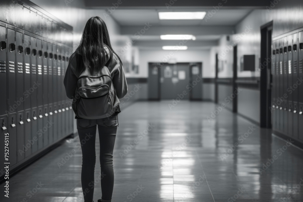 solitary teenage girl stands in a school hallway, her eyes downcast ...