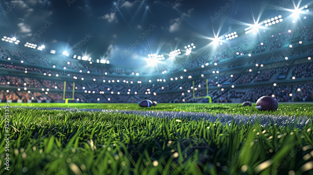 3D rendered American football arena with yellow goal posts, grass field ...