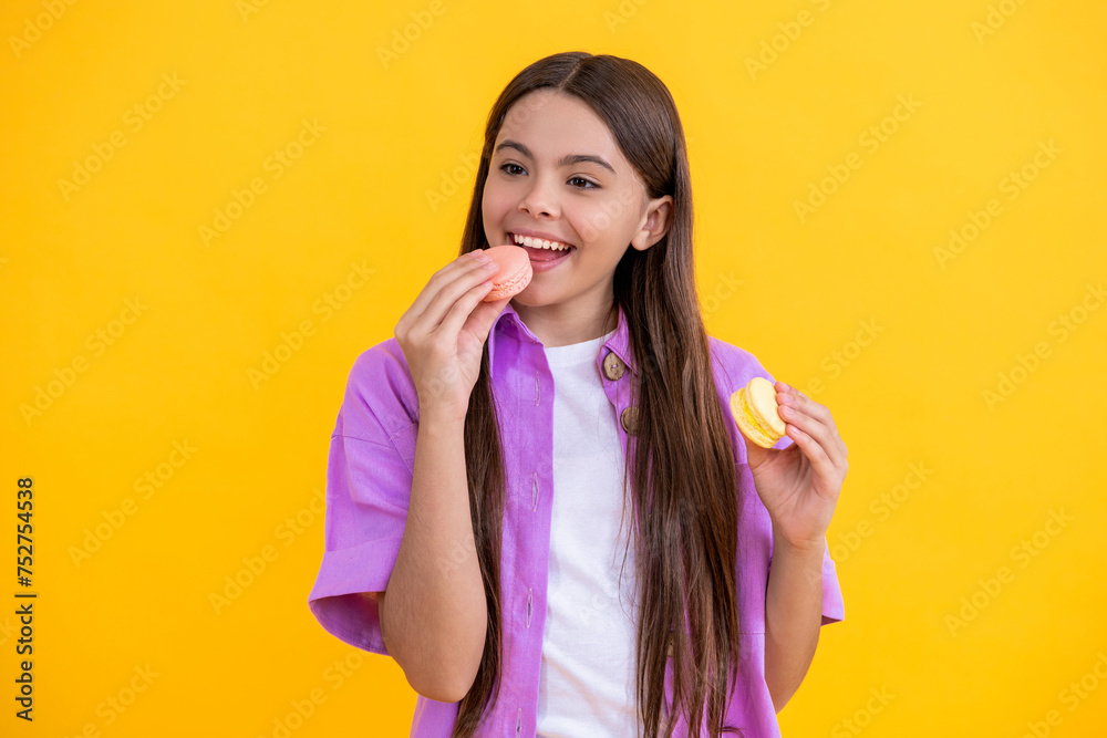 french yummy cookie. french cookie of macaroon. girl enjoying flavor of ...