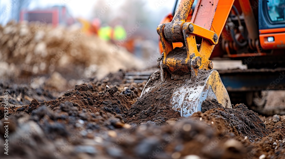 Selective focus on metal bucket teeth of backhoe digging soil. Backhoe ...