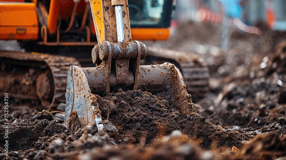 Selective focus on metal bucket teeth of backhoe digging soil. Backhoe ...