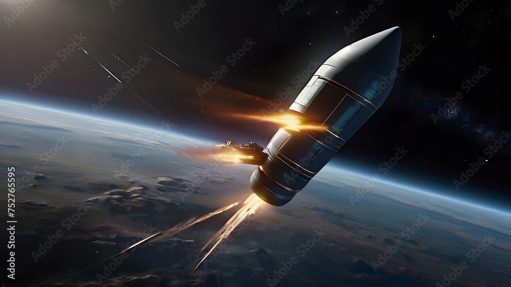 Spacecraft Launch amidst Starlit Sky,Spaceship and moon hover above a ...