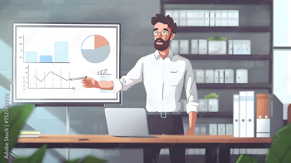 Businessman Presenting Chart on Whiteboard in Animated Illustration ...