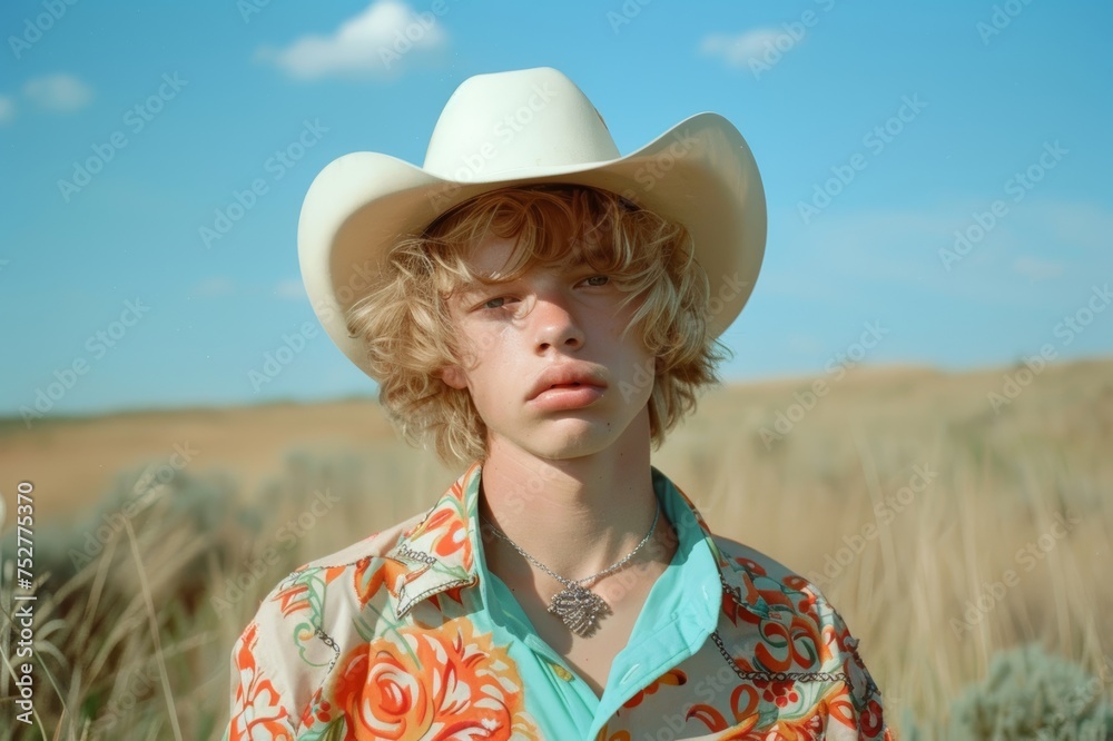 Cowboy adolescente posando en el campo, modelo joven con ropa que ...