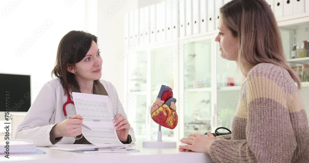 Doctor cardiologist showing patient structure of human heart on model ...
