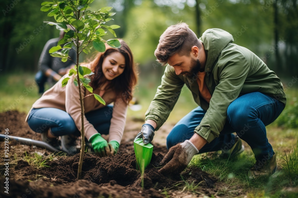 Tree planting, community service and volunteering group in park, garden ...