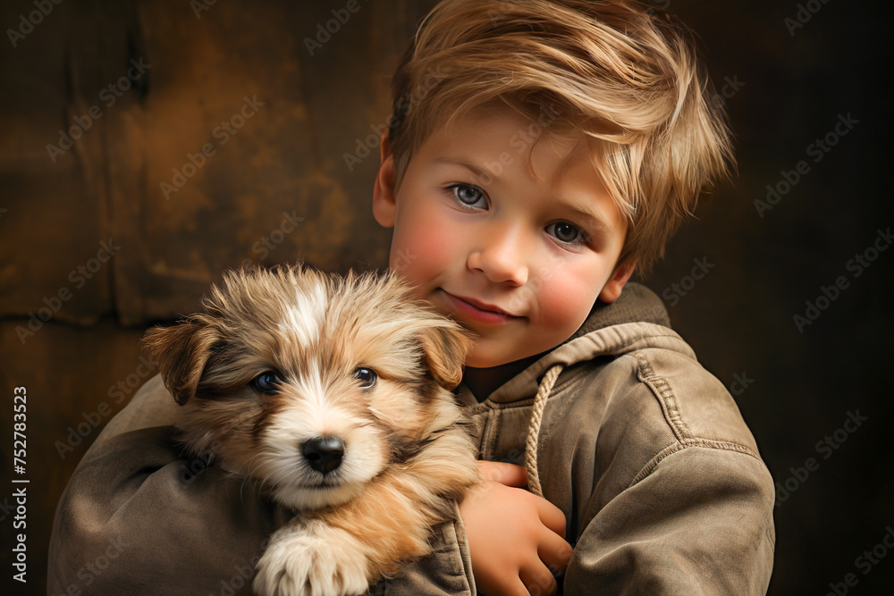 Content boy cuddling with a soft puppy, a heartwarming scene of comfort ...