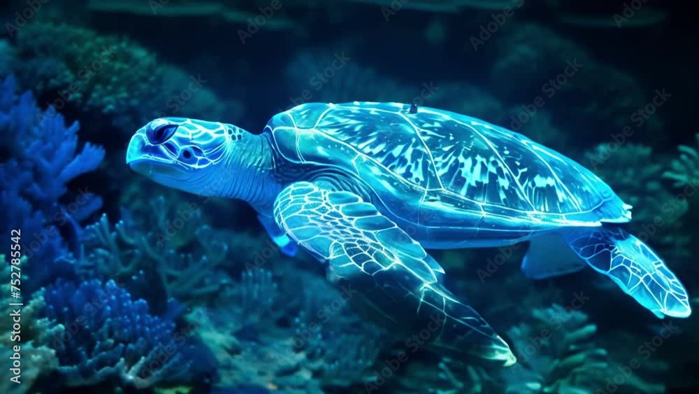 A holographic sea turtle swims through a coral reef highlighting the ...