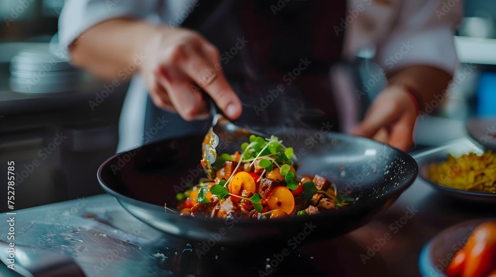 Chef Cooking in Stylish Kitchen with Wok, To showcase the art of ...