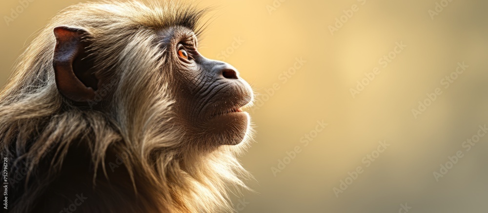 Curious and Majestic Monkey with Flowing Mane Gazing Up in Wonder Stock ...