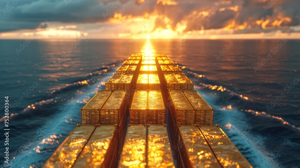 Gold containers with cargo on a container ship in the ocean at sunset ...