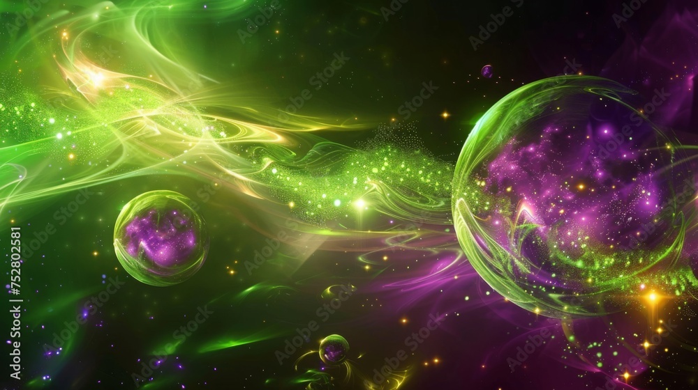 Cosmic acid green beautiful and rich background with purple spheres ...