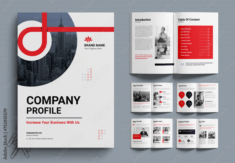 Company Profile Layout With Red Accents Stock Template | Adobe Stock