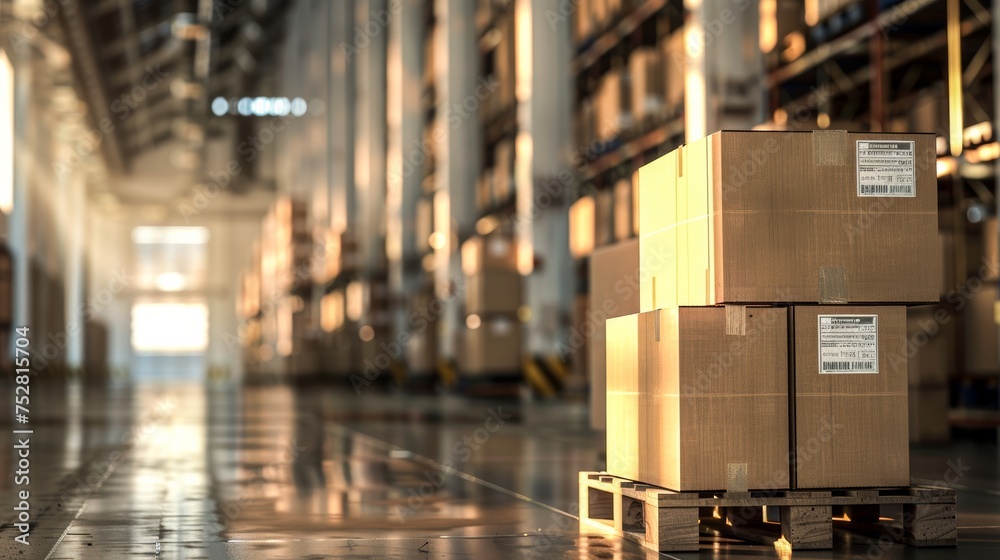 Symmetrical view of cardboard boxes stacked on pallets in a warehouse ...