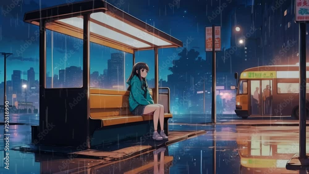 Cute anime girl alone in the night rain. illustration lofi music chill ...