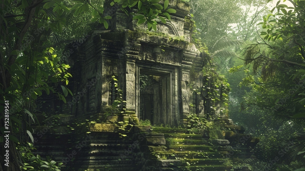Forgotten Temple Overgrown With Jungle Relics Of A Bygone Era Peeking Through The Foliage Stock