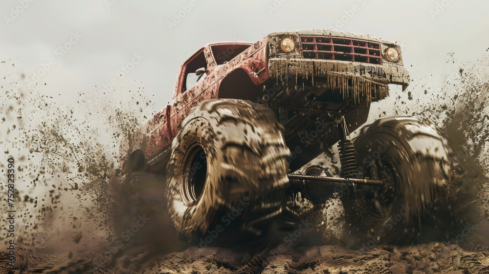 Mud-soaked monster truck roars in action, splattering terrain under a ...