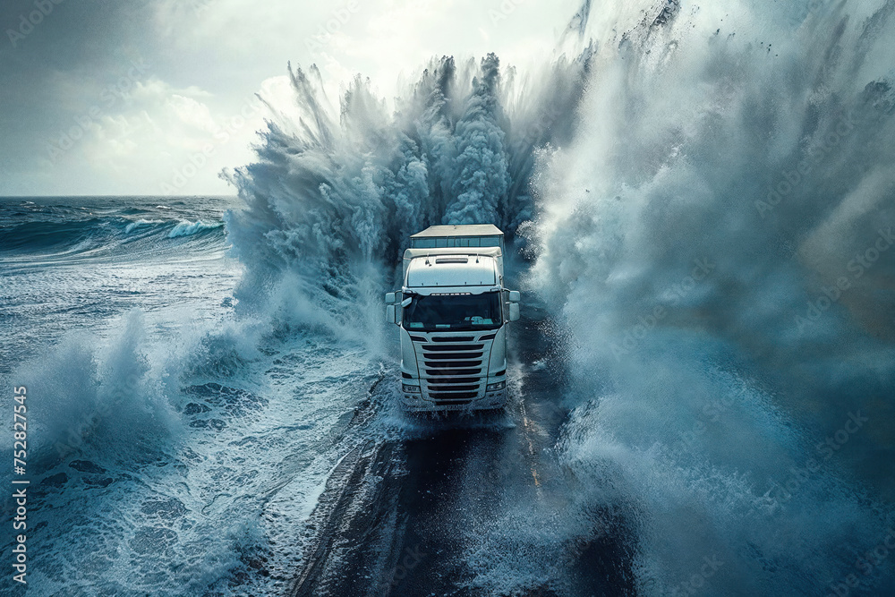 An impactful composition of a semi-truck enveloped by aggressive sea ...