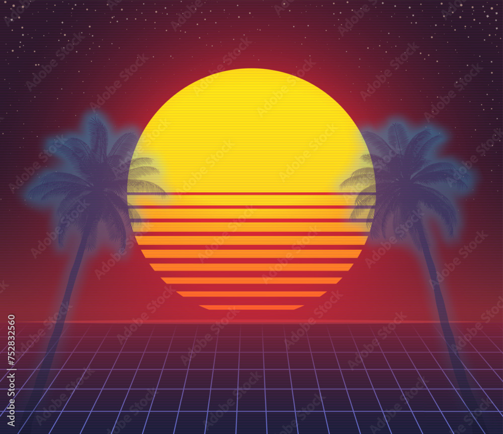 Vetor de Retrowave Sunset with Laser Neon Grid and Palms. Retro ...
